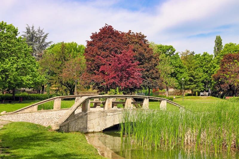 A Small Stone Bridge Over the Pond in the Park,Eger Stock Photo - Image ...