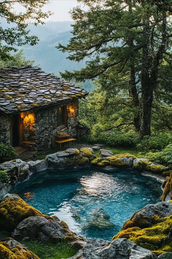 A Small Stone Building with a Pool in the Middle of a Forest Stock ...