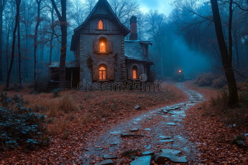 Mysterious Stone House Glowing Windows Foggy Forest Night Stock Photos ...