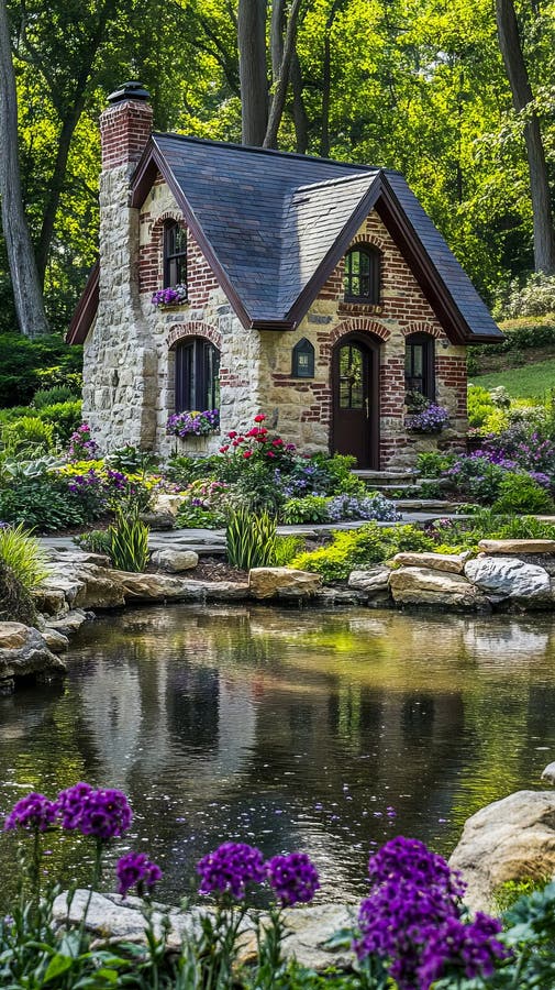 A Small Stone House with a Pond in Front of it Stock Photo - Image of ...