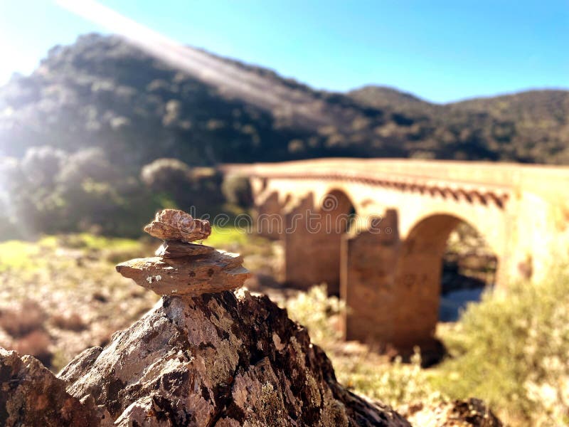 Small Stone Tower, Roman Bridge Background Stock Image - Image of rock ...