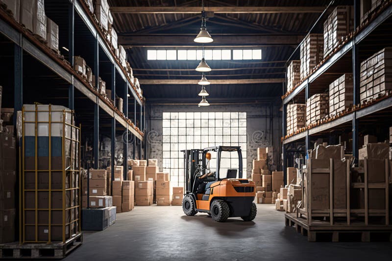 Small Storage Room with a Forklift and Boxes, Pallets, Generative AI ...