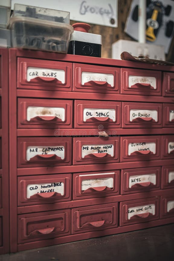 Small Storage Shelves, Compartment on a Wall in a Workshop Stock Image ...