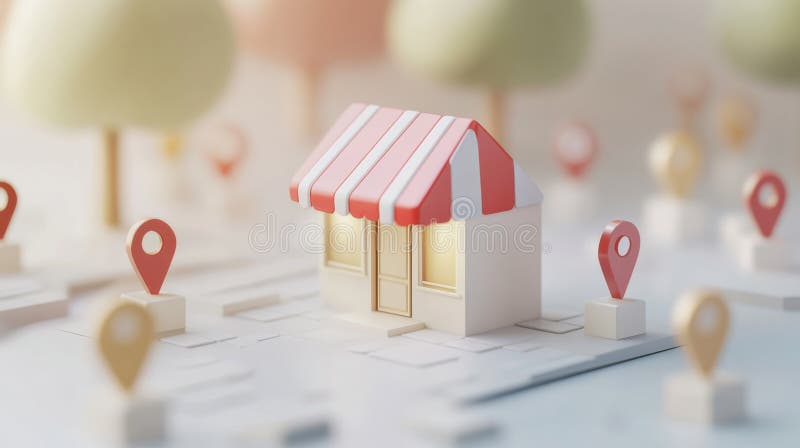 Small Store Model with Striped Awning and Location Pins on a Map with ...