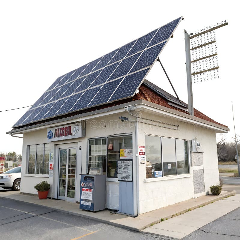 Small Store with Solar Panels Isolated on White Background Stock ...