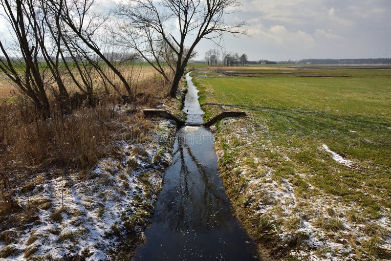 A Small Stream Divided by a Concrete Dam, a Sunny Spring Day Stock ...