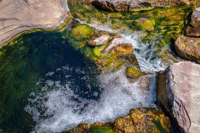 Small Stream Flows Mossy Stones Around. Water Flowing through the Stone ...