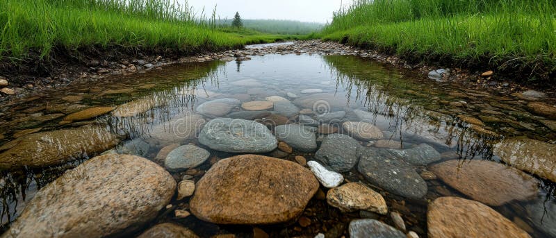 A Small Stream with Rocks and Grass on Either Side. Stock Photo - Image ...