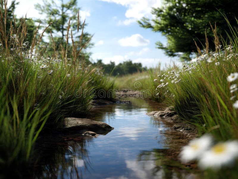 Small Stream Running Grassy Field Next Tall Grass Stock Photos - Free ...