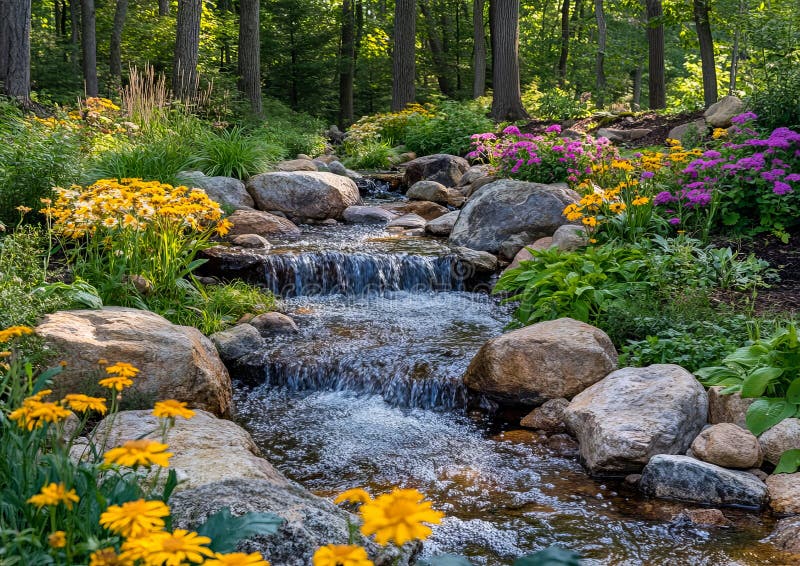 A Small Stream Running through a Lush Green Forest Filled with Flowers ...