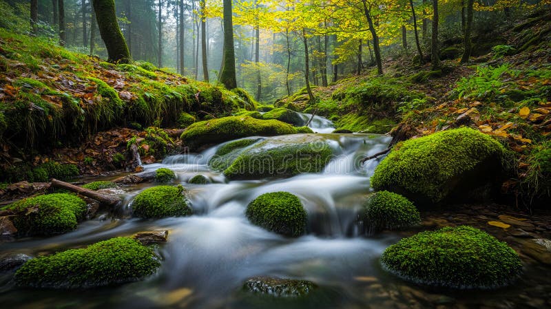 A Stream Running through a Forest Filled with Trees Stock Image - Image ...