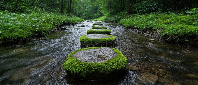 A Small Stream with Stepping Stones Covered in Moss. Stock Image ...