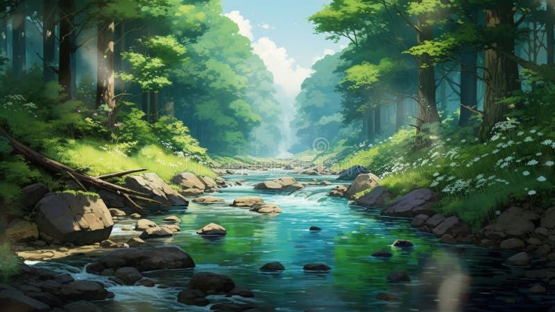 A Small Stream Trickles Over Rocks in a Dense Forest. Seamless Looping ...