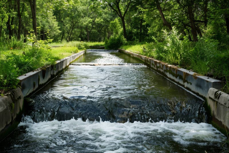A Small Stream of Water Flows through a Garden with Rocks and Trees ...