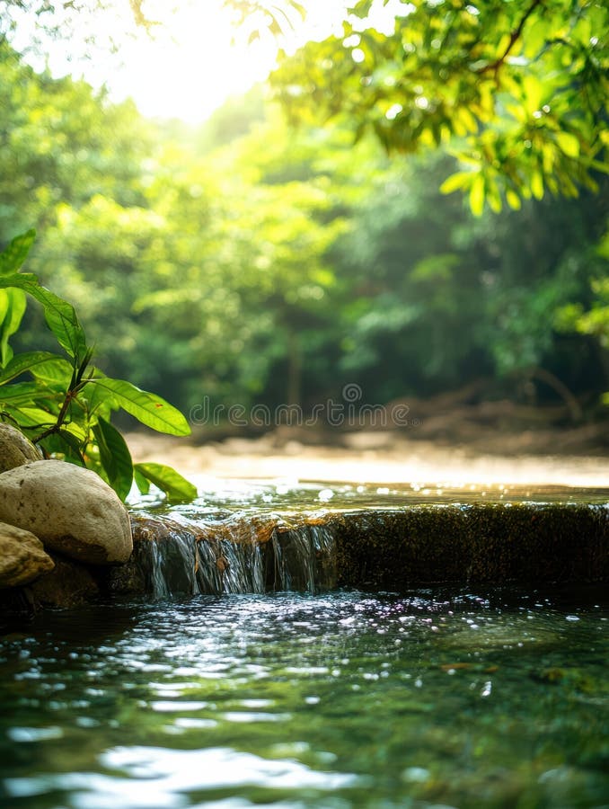 A Small Stream of Water Flows through a Lush Green Forest Stock ...