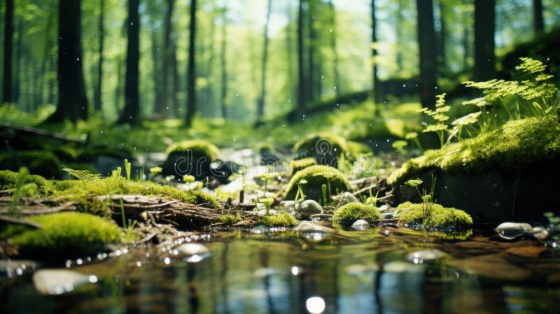 A Small Stream of Water Surrounded by Moss and Trees, AI Stock Photo ...