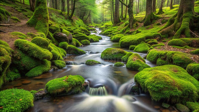 A Small Stream Winding through a Moss-covered Forest Floor Stock ...