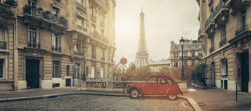 Small Street in Paris with View on the Eifel Tower - Panroama Stock ...