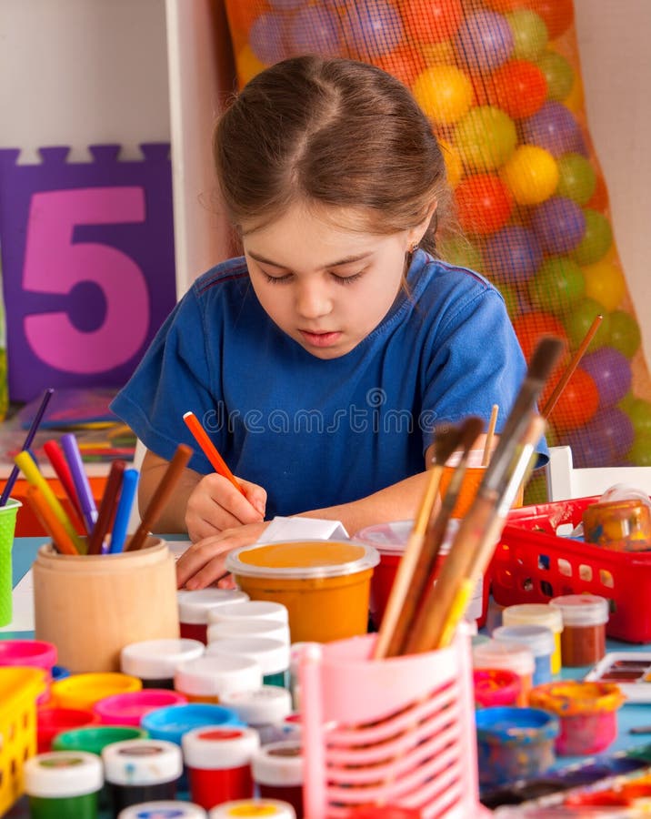 Children Painting Finger on Easel. Small Students in Art School Class ...