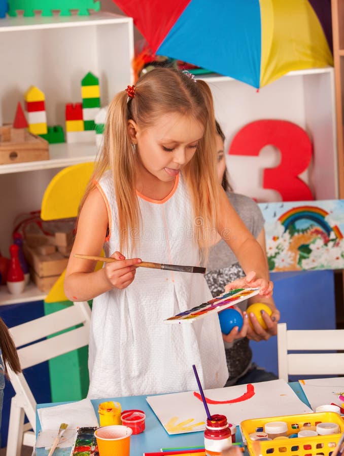 Small Students Children Painting in Art School Class. Stock Image ...
