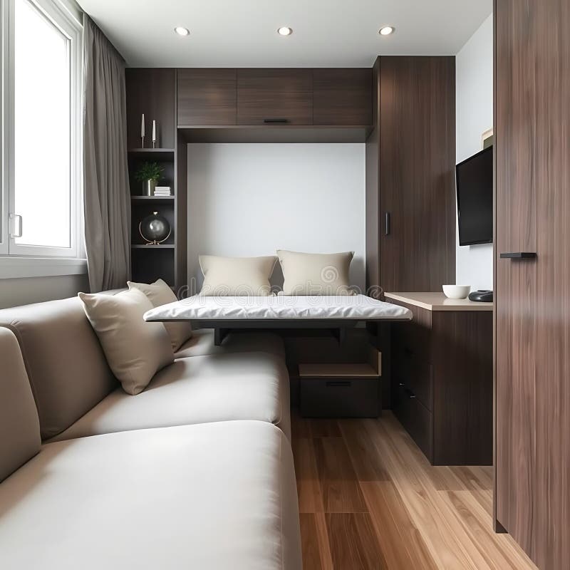 A Small Studio Apartment Featuring a Compact Couch with Pull Out ...