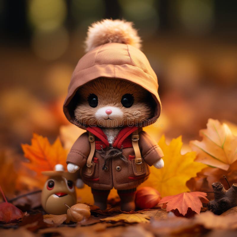 A Small Stuffed Animal Wearing a Coat and Hat in the Fall Leaves Stock ...