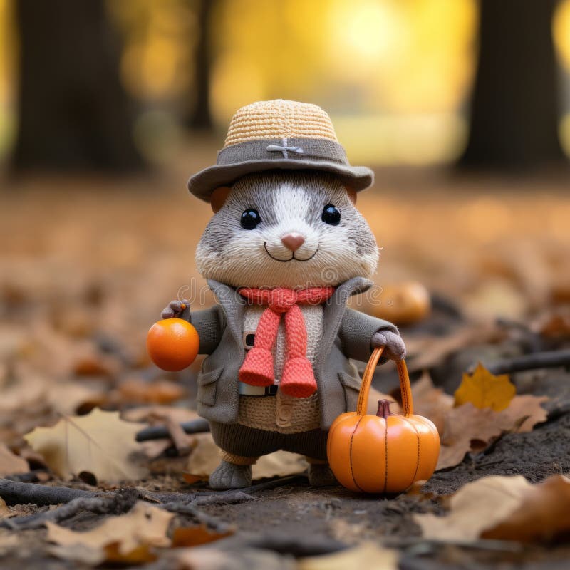 A Small Stuffed Animal Wearing a Hat and Scarf Holding a Pumpkin Stock ...