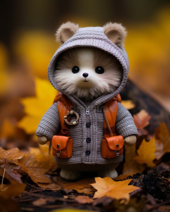A Small Stuffed Animal Wearing a Jacket and Carrying an Orange Bag ...
