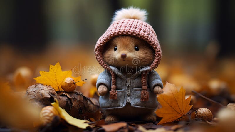 A Small Stuffed Animal Wearing a Jacket and Hat in the Autumn Leaves ...