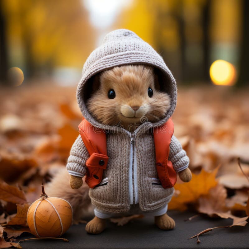 A Small Stuffed Animal Wearing a Jacket and Holding an Orange Ball ...