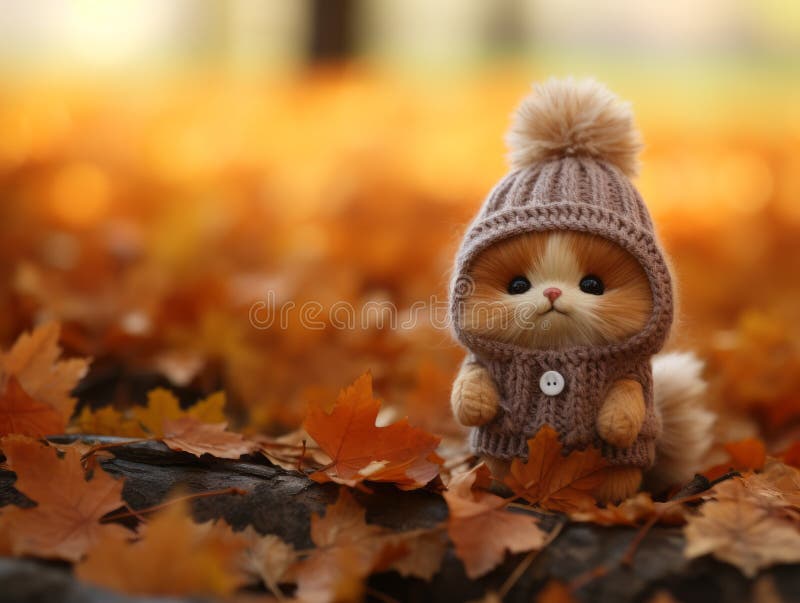 A Small Stuffed Animal Wearing a Knitted Hat in the Fall Leaves Stock ...