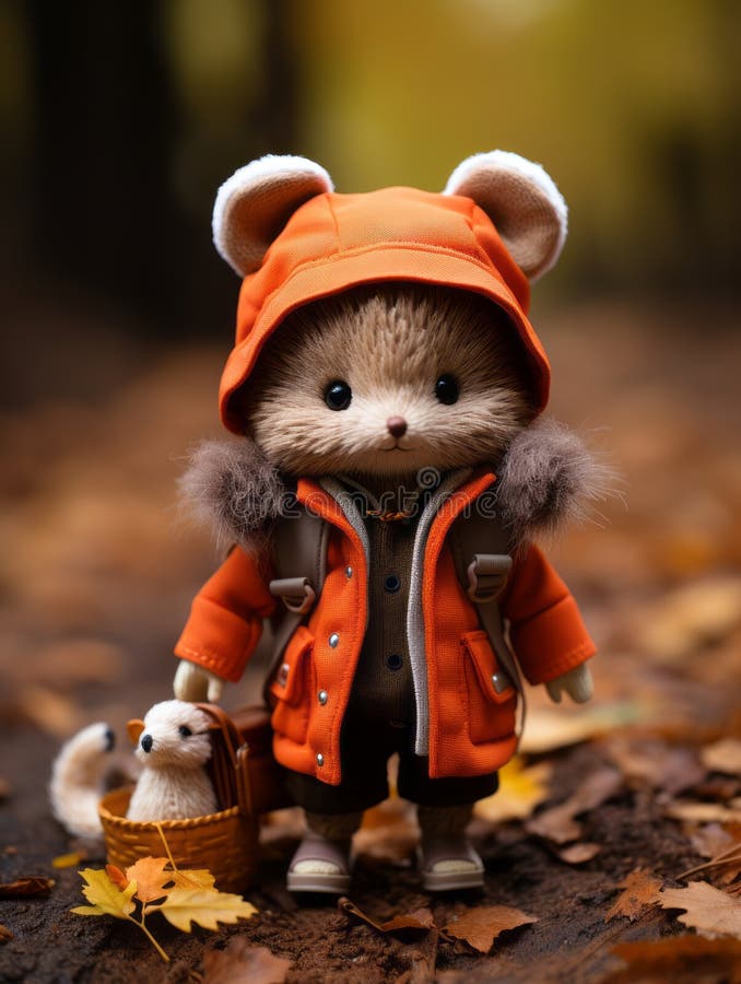 A Small Stuffed Animal Wearing an Orange Coat and Hat Stock ...