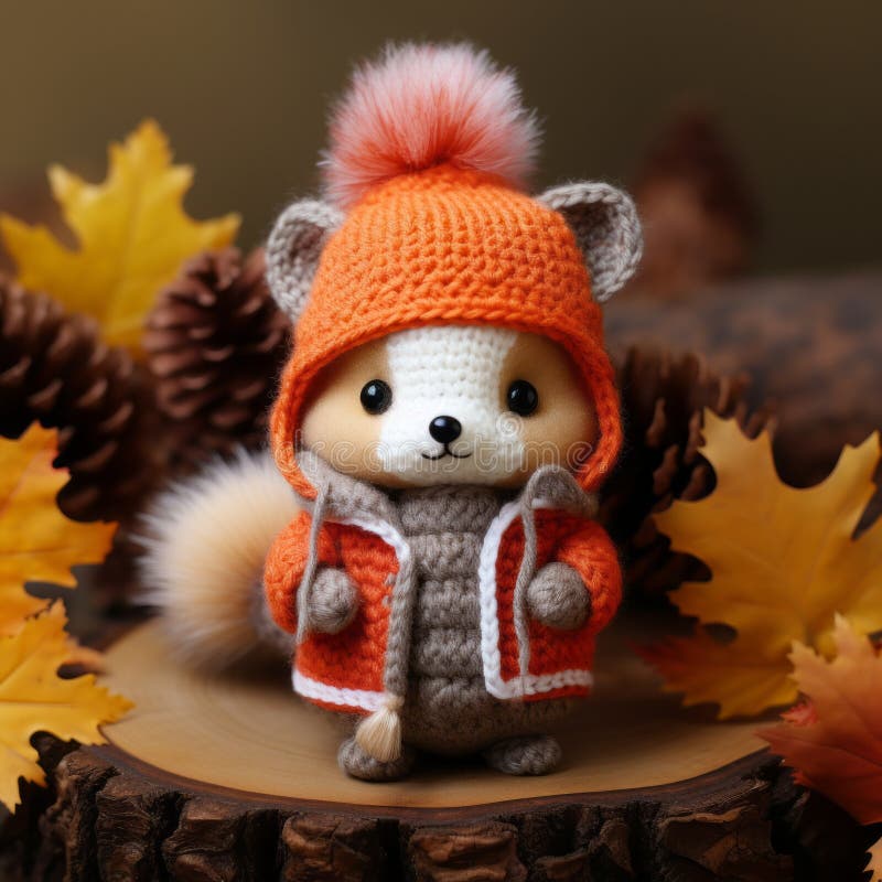 A Small Stuffed Animal Wearing an Orange Coat and Hat Stock ...