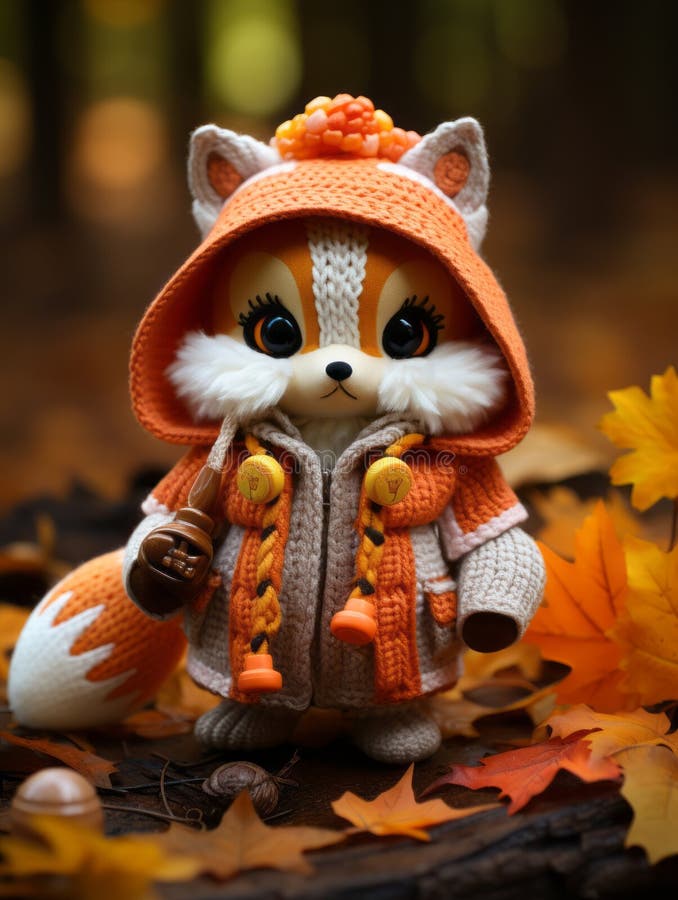 A Small Stuffed Animal Wearing an Orange Coat and Holding a Cup of ...