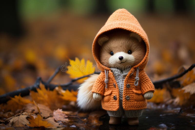 A Small Stuffed Animal Wearing an Orange Coat in the Woods Stock ...