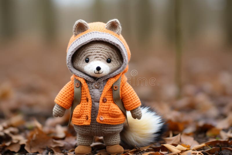 A Small Stuffed Animal Wearing an Orange Jacket and Hat Stock ...