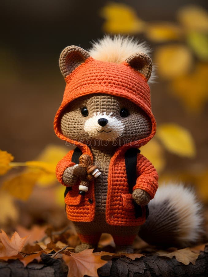 A Small Stuffed Animal Wearing an Orange Jacket and Holding a Toy Stock ...