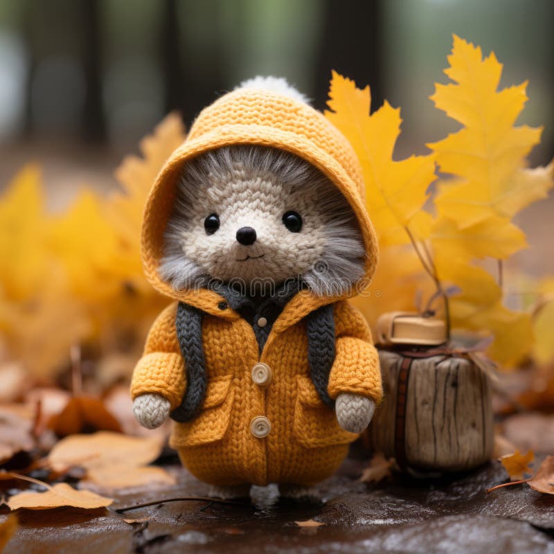 A Small Stuffed Animal Wearing a Yellow Jacket and Hat Stock ...