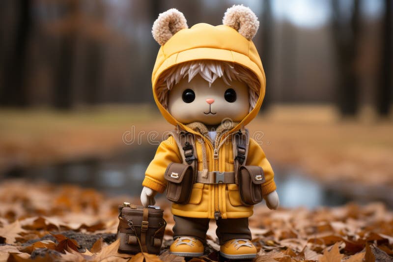 A Small Stuffed Animal Wearing a Yellow Raincoat and Holding a Suitcase ...