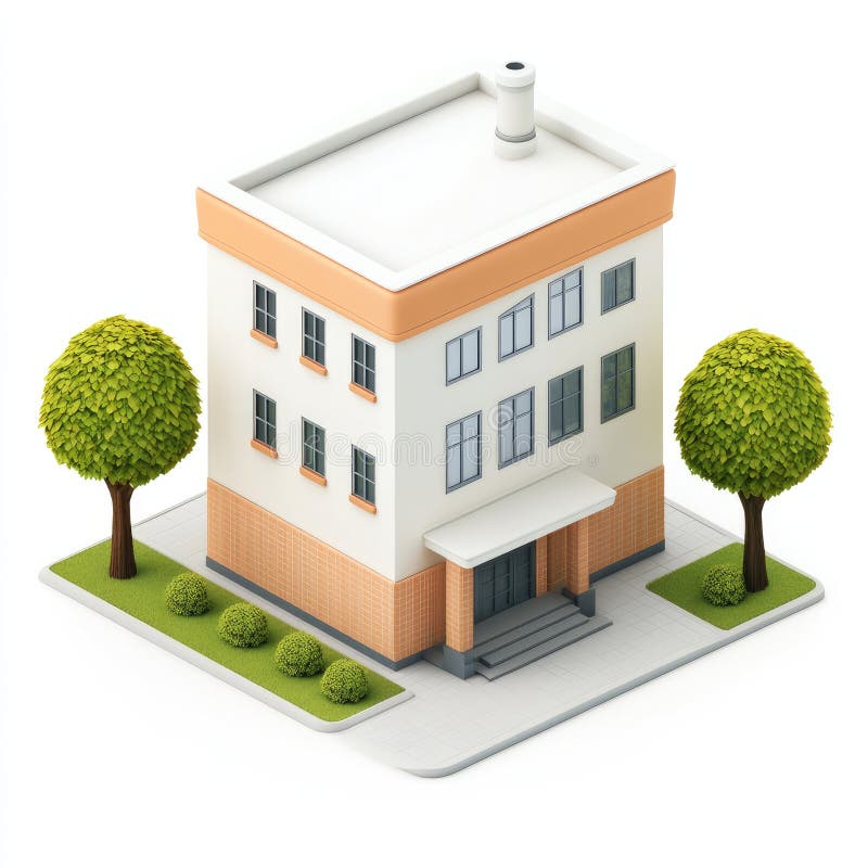 Small Three-Story Building with Trees and Sidewalk in Isometric View ...
