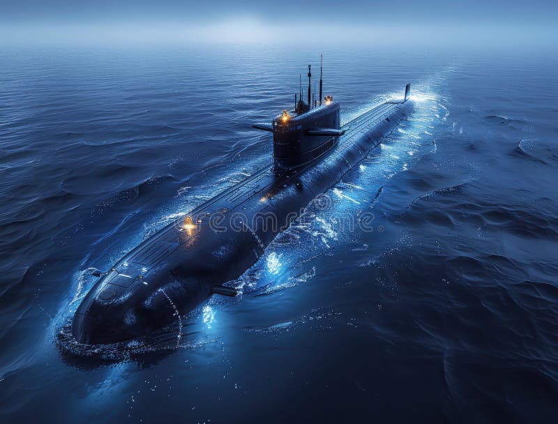 Small Submarine Gliding through Deep Blue Waters during Dusk with ...