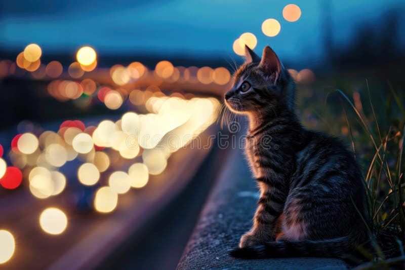 Small Tabby Cat Enjoying City Lights at Night Stock Photo - Image of ...