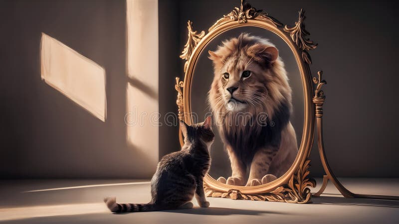 Cat Looking at Mirror and Sees Itself As a Lion. Self Esteem or Desire ...