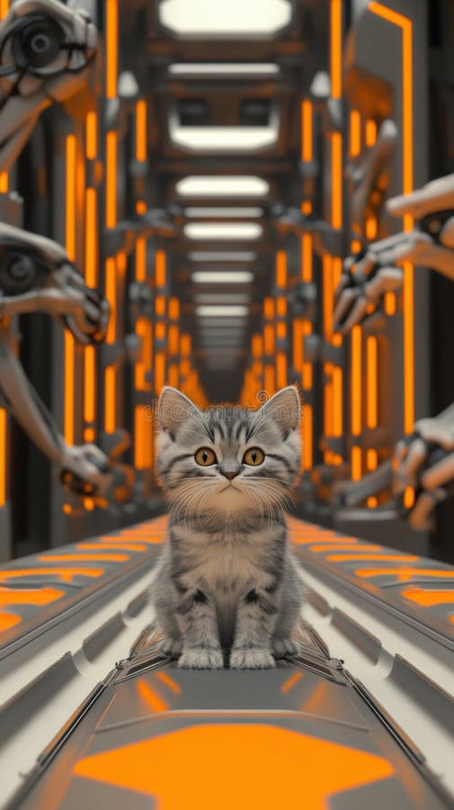 A Curious Kitten Explores a Futuristic Corridor with Robotic Arms, AI ...