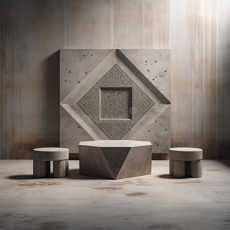 Luxurious Concrete Table with Stools: Abstract Geometric Design Stock ...