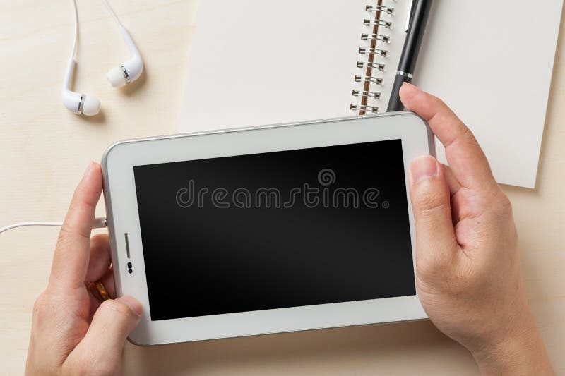 Small Tablet Pc with in Ear Headset Stock Image - Image of lifestyle ...