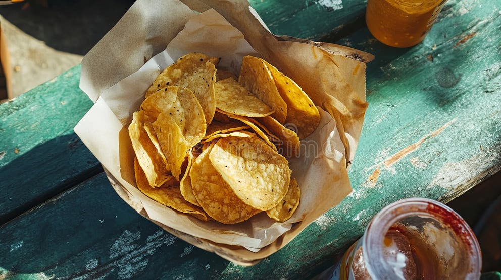 Small Tacos and Chips in a Paper Wrap on a Table. Stock Photo - Image ...