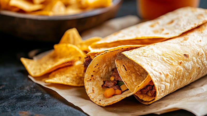 Small Tacos and Chips in a Paper Wrap on a Table. Stock Photo - Image ...