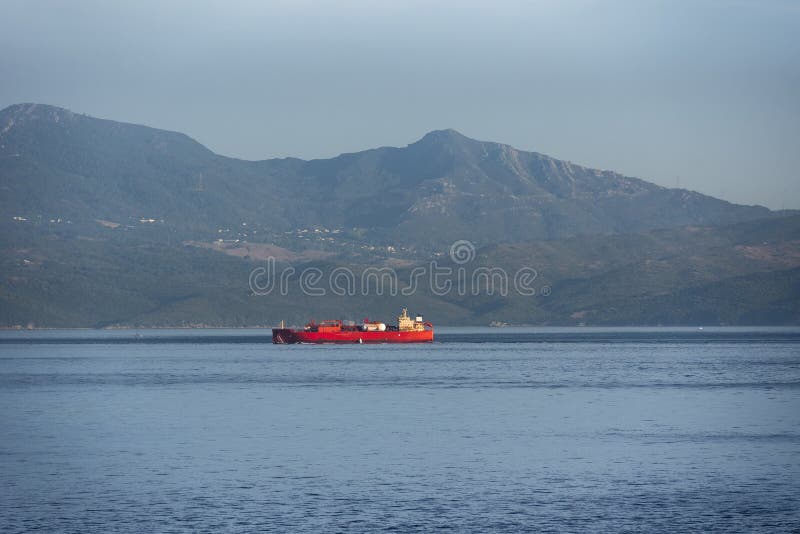 Small Tanker Ship Sailing Near Gibraltar. Stock Image - Image of ...