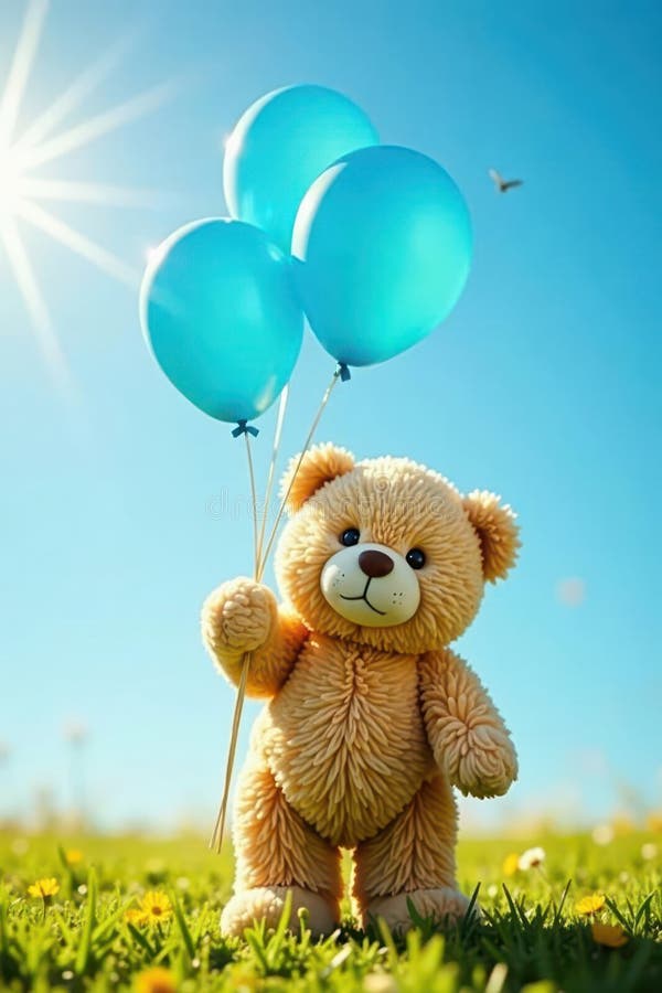 Small Teddy Bear Holding Blue Balloons, Sunny Day , Celebration, Bear ...